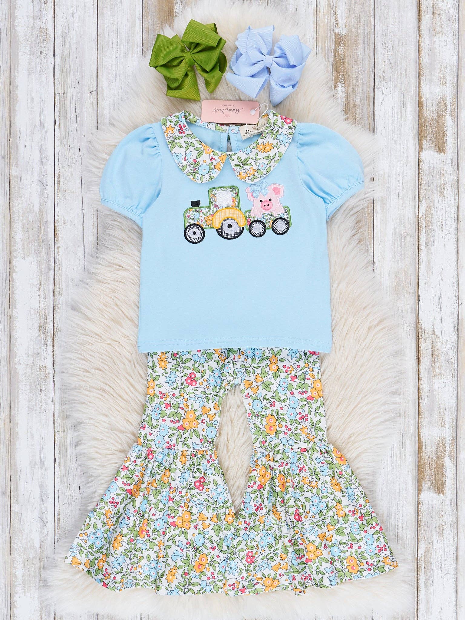 Light Blue Embroidered Piggy Tractor Bell Bottoms Outfit | Darling ...